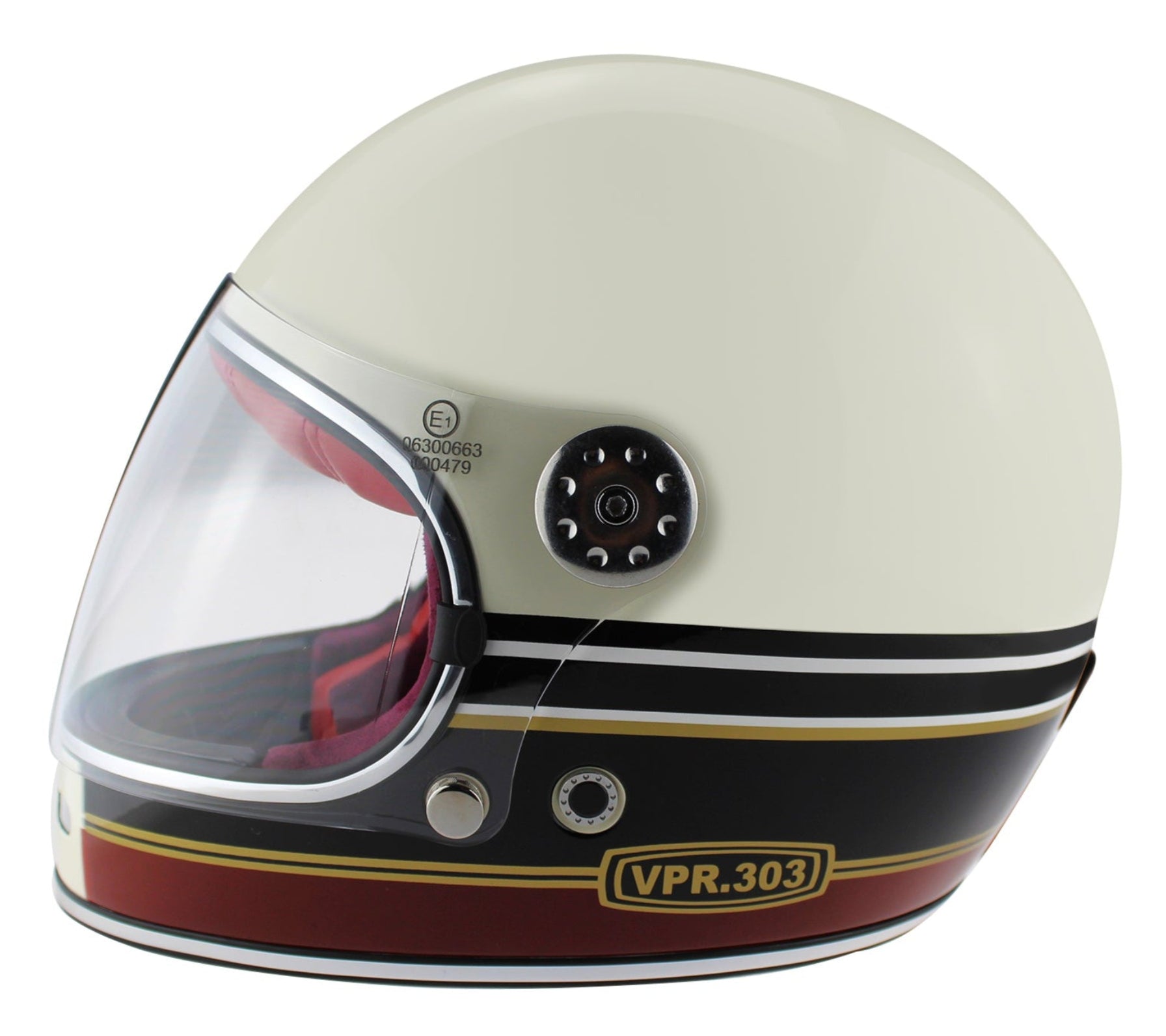 F656 Fiberglass Full Face Retro Helmet Stripes Cream/Burgundy Matt VPR – Riderwear